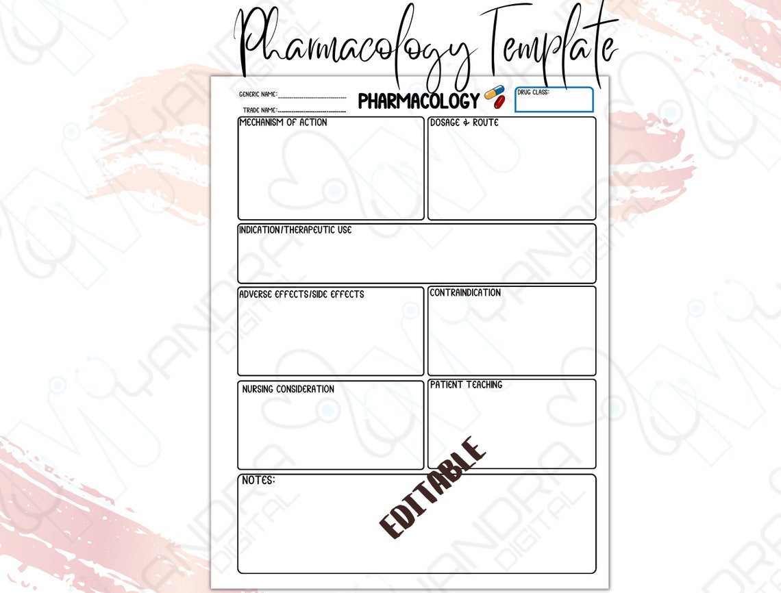 Pharmacology Notes Template for Nursing Students, Drug Template ...