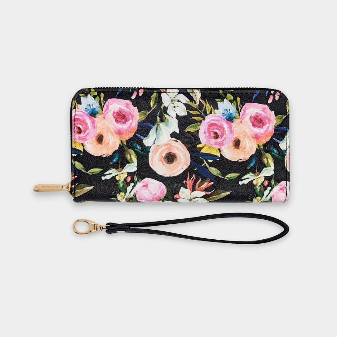 Floral on Black Bifold Wallet, Phone Billfold Card Holder, Pink White ...