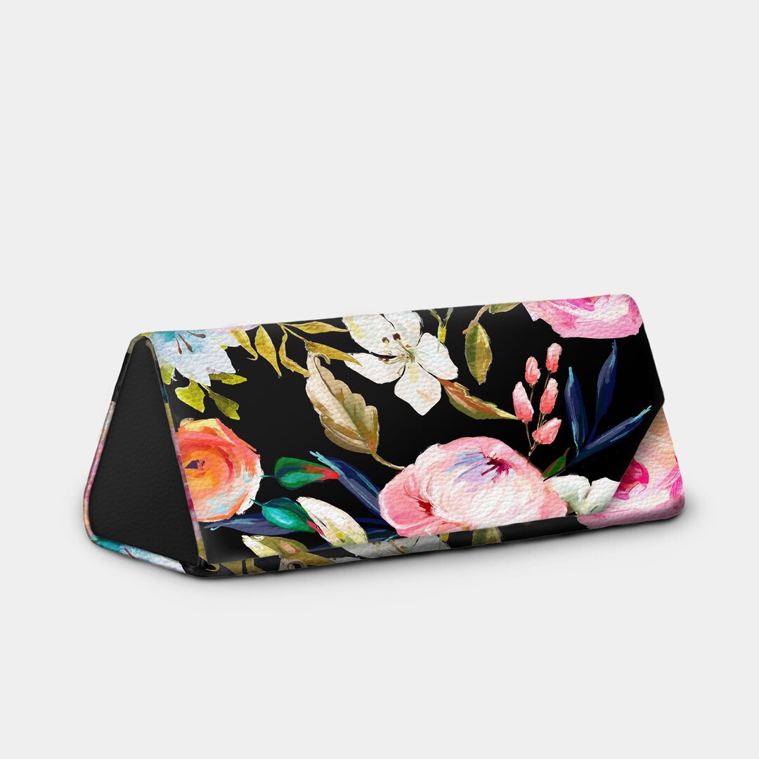 Black Floral Foldable Sunglass Case, Easy Fold Glasses Holder, Floral ...