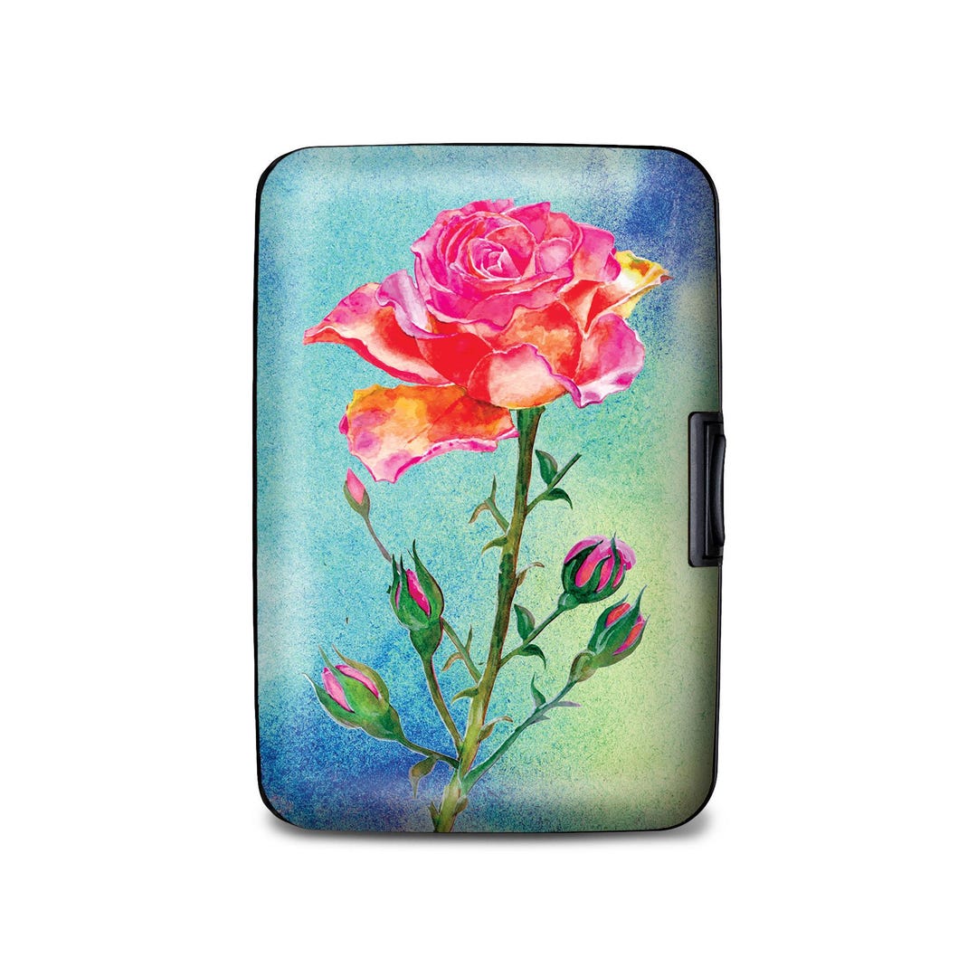 Painted Rose Armored Wallet, Pink Rose RFID Aluminum Card Case, Sturdy ...