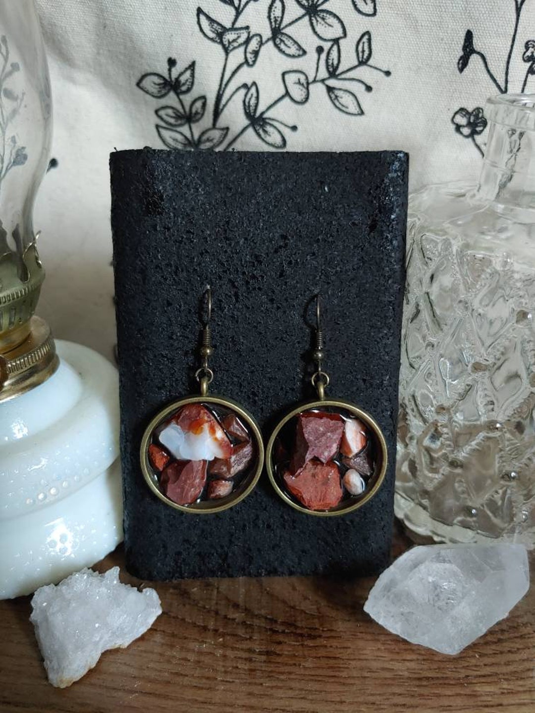 Red Jasper & Autumn Red Stone Resin Earrings - Bronze - Etsy