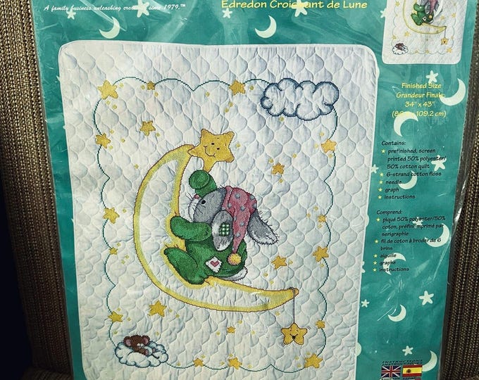 Janlynn Crescent Moon Quilt Crib Cover Baby Quilt Stamped Cross Stitch ...