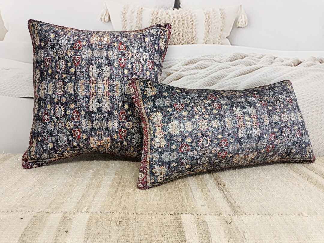 Oushak Blue Pillow, Oriental Pillow Cover, Lumbar Pillow, Beeding ...