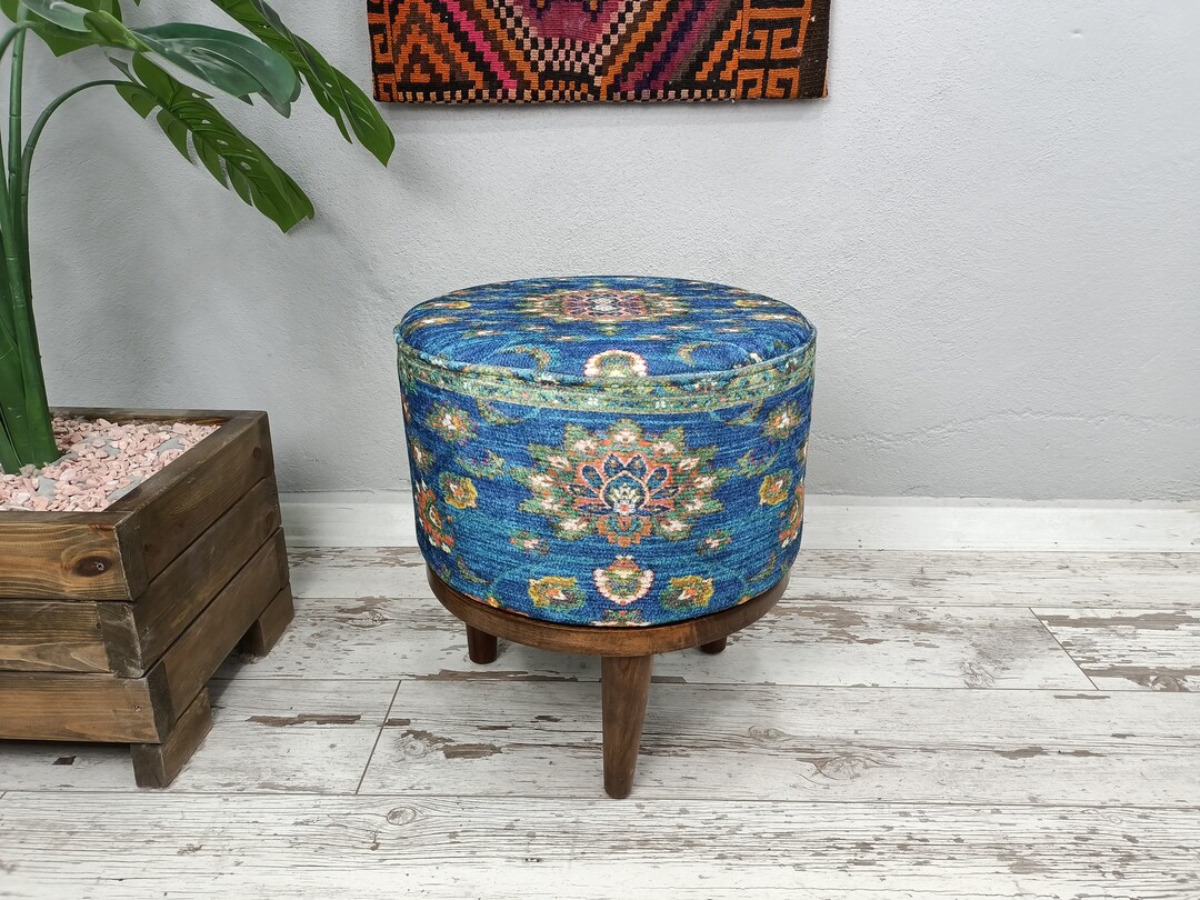 Round Pouf Chair, Piano Bench, Bedroom Bench, Floral Chair, Bohemian ...