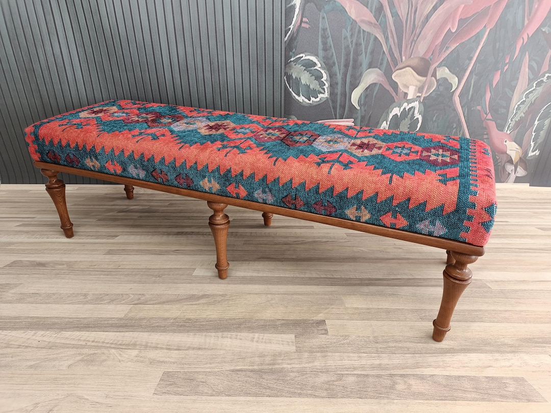Kilim Rug Bench, Ottoman Upholstered Bench, Handmade Furniture ...