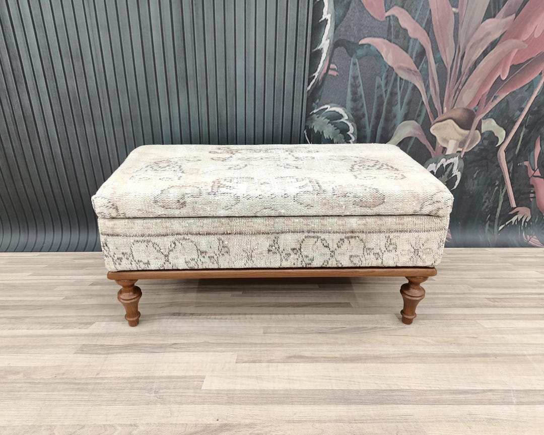 Hidden Storage Bench, End of Bed Bench, Upholstered Bench, Vintage Rug ...
