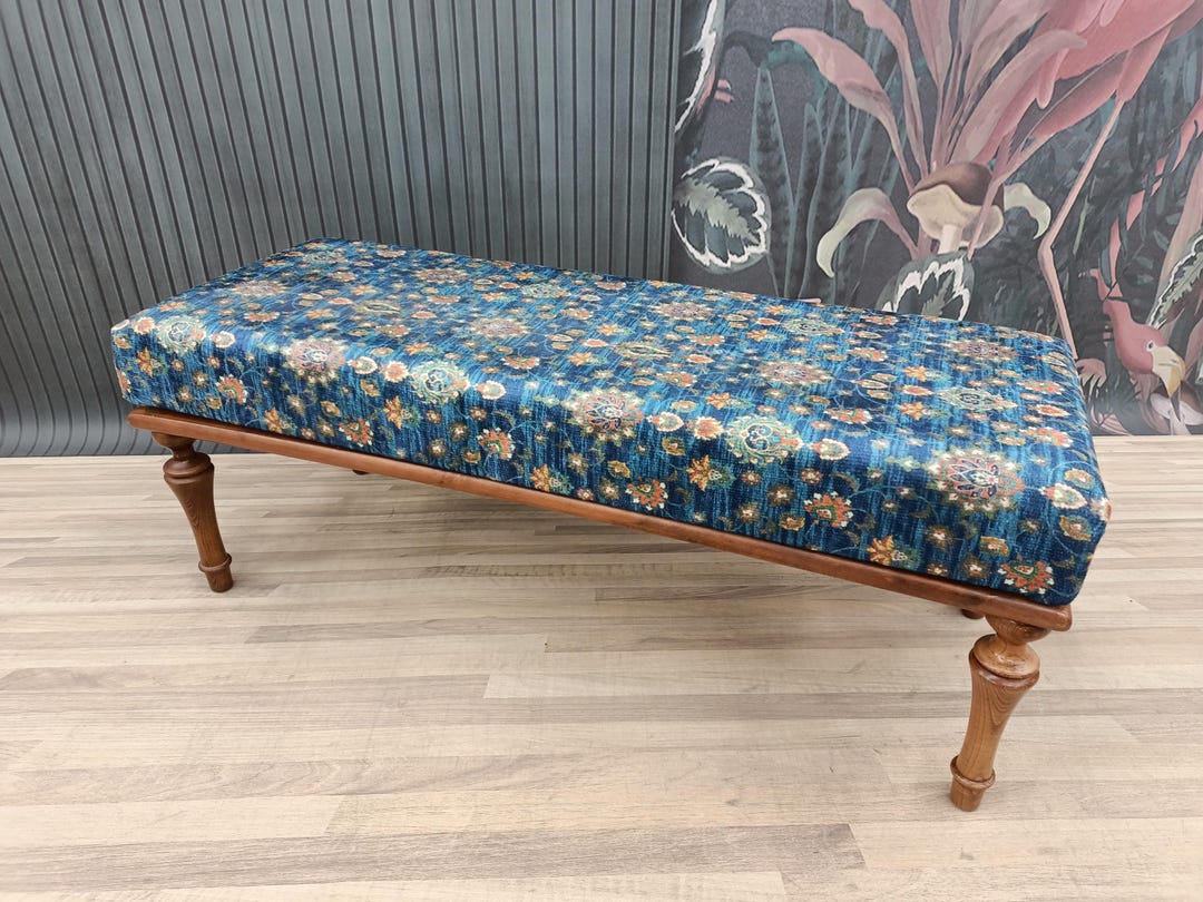 Blue Flower Bench, Handmade Ottoman, Rug Bench, Pouffy Bench, Hallway ...