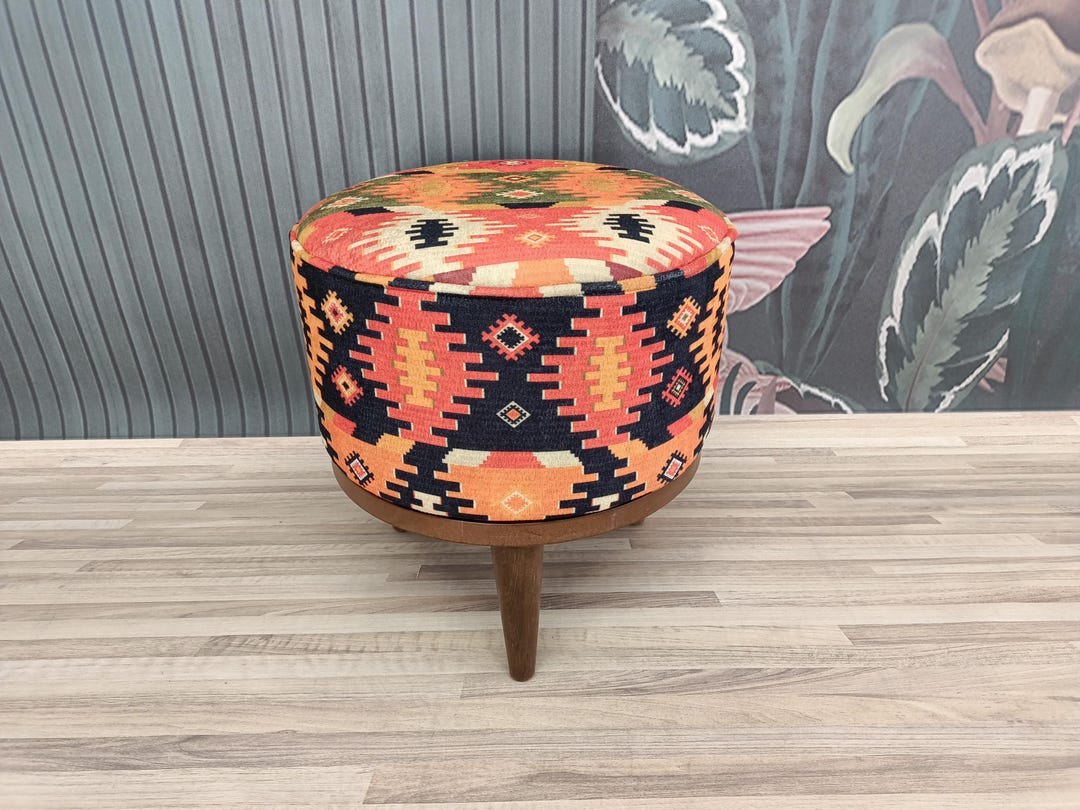Ottoman Stool, Lobby Stool, Upholstered Footstool, Aztec Stool, Orange Bench, Handmade Furniture ...