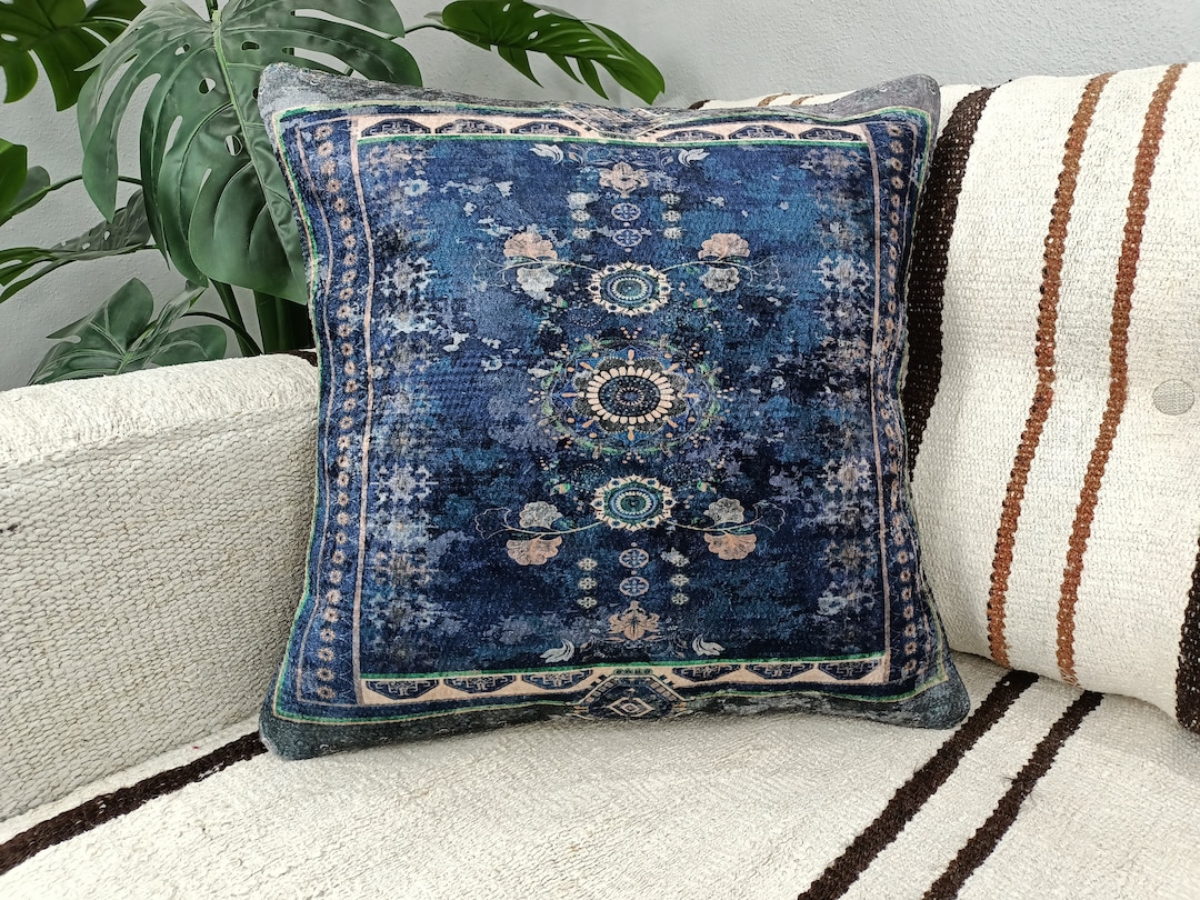 Bohemian Cushion, Navy Blue Pillow, Modern Pillow Cover, Rug Design ...