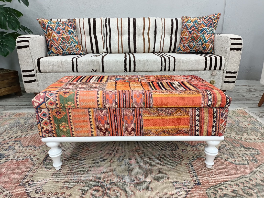 Handmade Furniture, Hippie Bench, Orange Ottoman, Altar Table, Storage ...