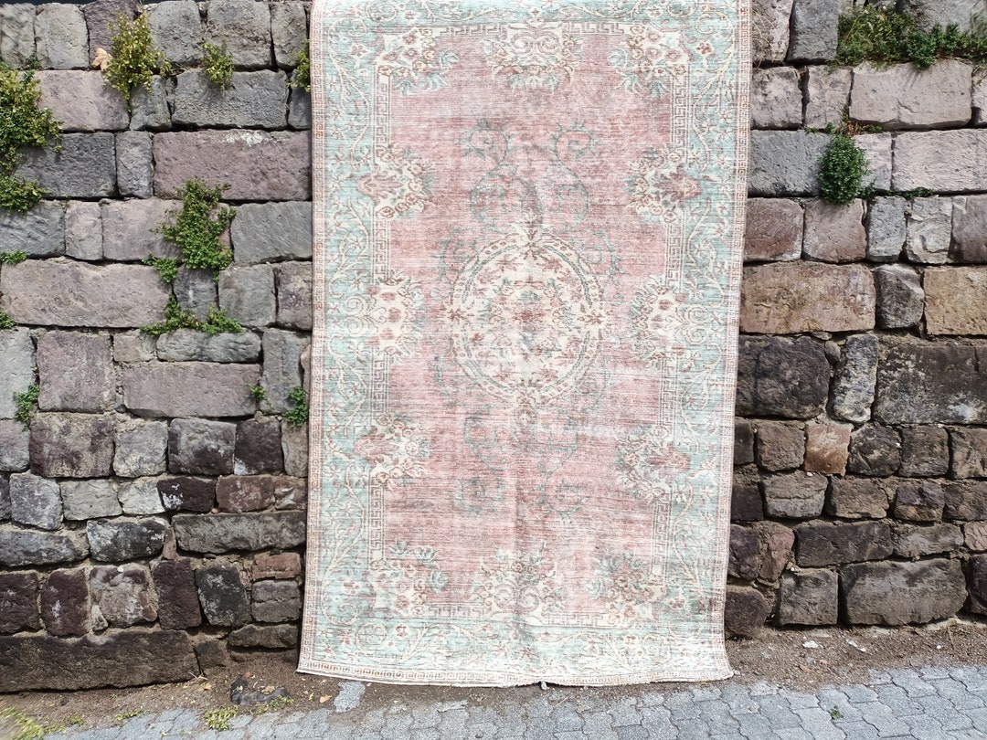 Antique Red Rug, Grenn Bordered Rug, Worn Rug, Ethnic Rug, Vintage Rug ...