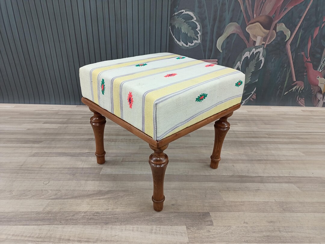 Ottoman Bench, Square Footstool, Rainbow Kilim Footstool, Walnut Vanity ...