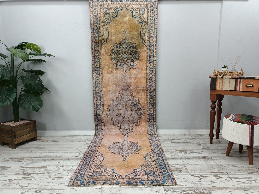 Orange Blue Rug, Boho Turkish Rug, Wool Runner, Hand Knotted Runner ...