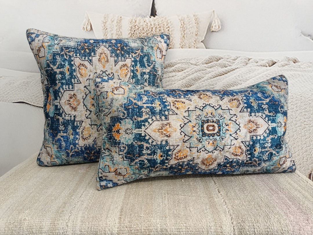 Lumbar Pillow, Pillow With Flowers, Blue Pillow Cover, Throw Decor ...