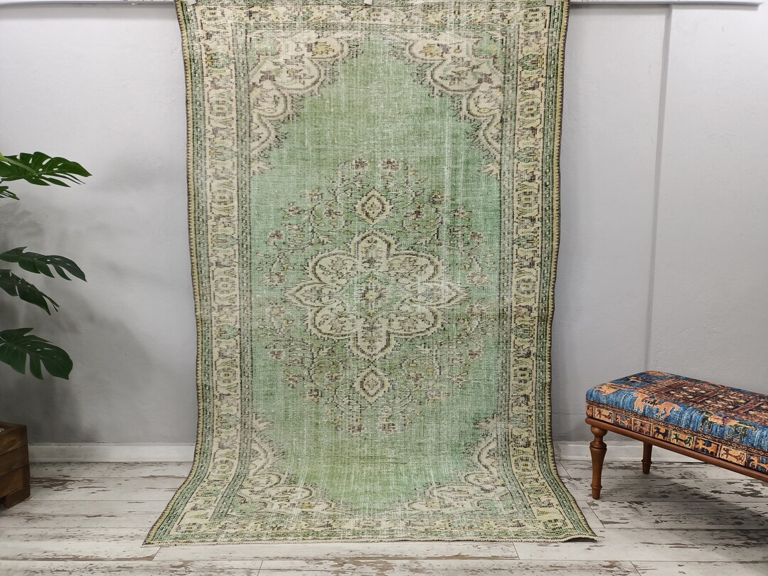 Bohemian Rug, Light Green Rug, Bordered Rug, Handmade Area Rug, Summer ...