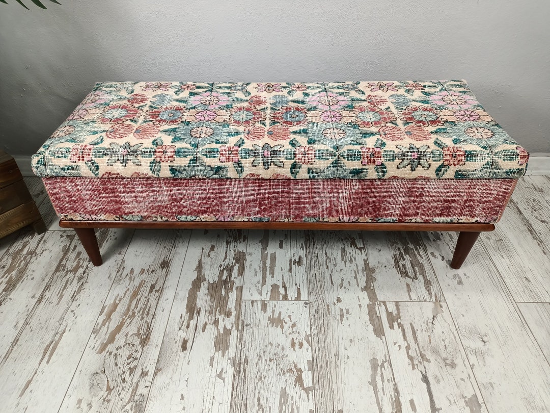 Bench for Entryway, Vintage Rug Bench, Storage Bench, Footstool Ottoman ...