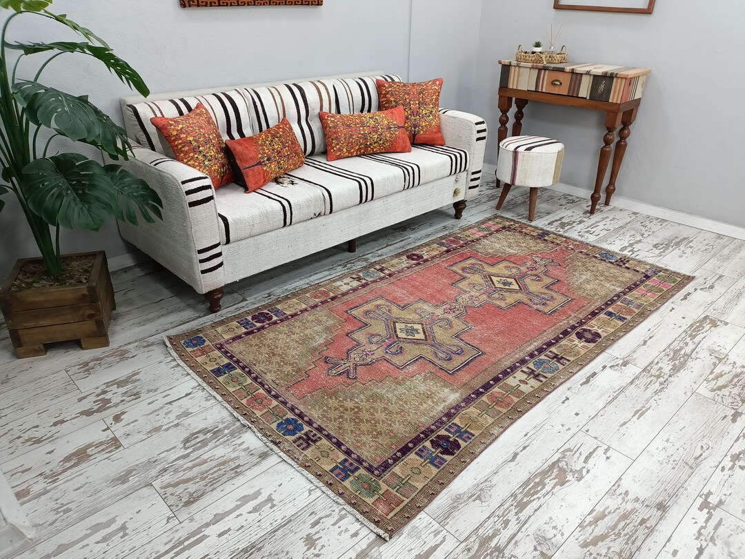 Ikat Rug, Low Pile Rug, Turkish Rug, Bordered Rug, Pink Rug, Vintage ...