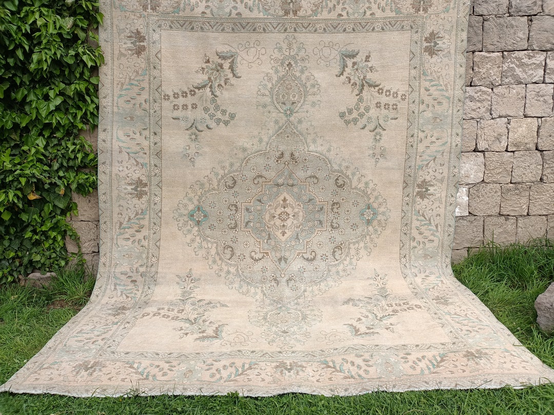 Coastal Rug, Pale Turkish Rug, Rug With Teal, Distressed Rug, Floral ...