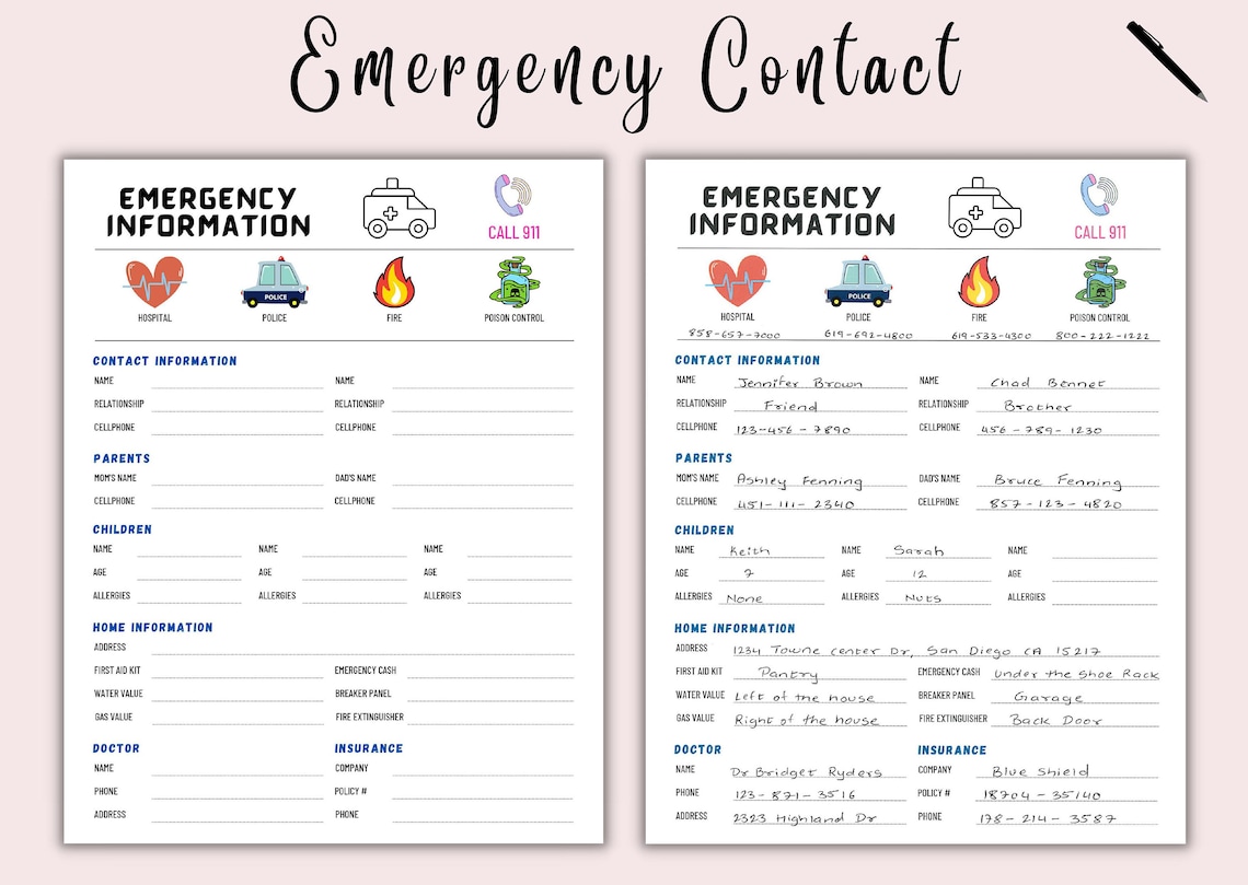 Emergency Contact List | Emergency Contact Sheet | Home Emergency ...