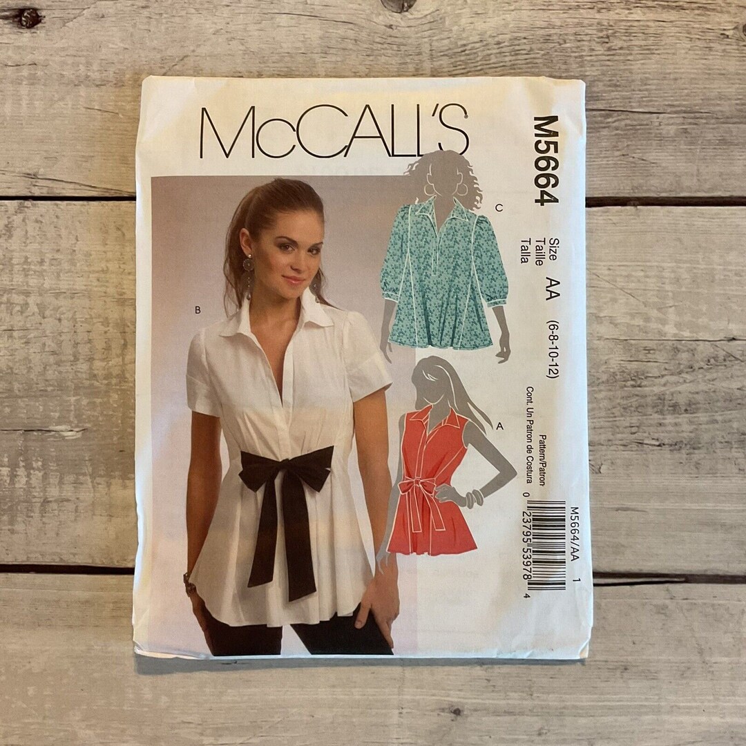Mccalls 5664 Sewing Pattern Blouse Shirt Flared Waist Tie Collar Sz 6 ...