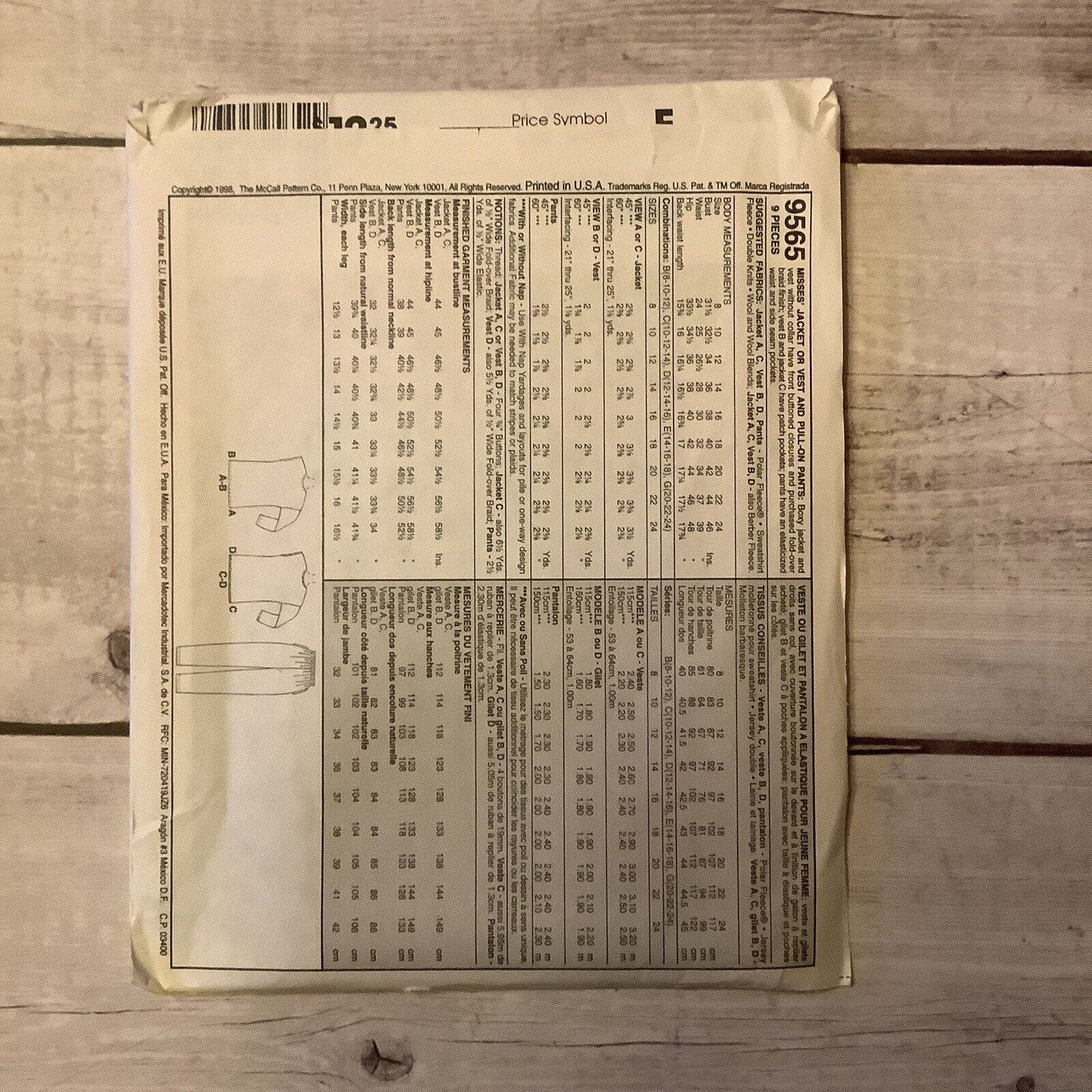 Mccalls 9565 Sewing Pattern Oversize Jacket Vest Pants Misses Sz 10-14 ...