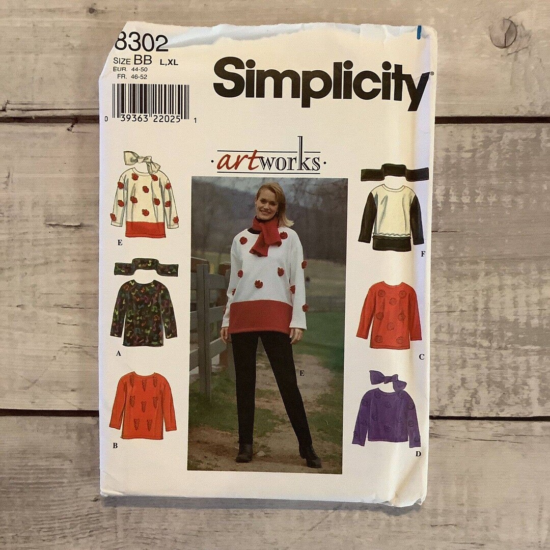 Simplicity 8302 Sewing Pattern Artworks Pullover Top Scarf Misses Sz L ...