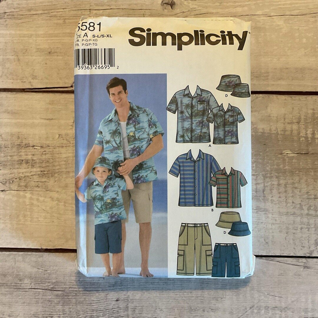 Simplicity 5581 Sewing Pattern Hawaiian Shirt Cargo Shorts Hat Adult ...