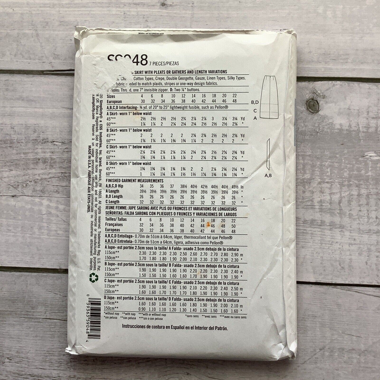 Simplicity 9048 Sewing Pattern Sarong Skirt Belt 3 Lengths Misses Sz 4 ...