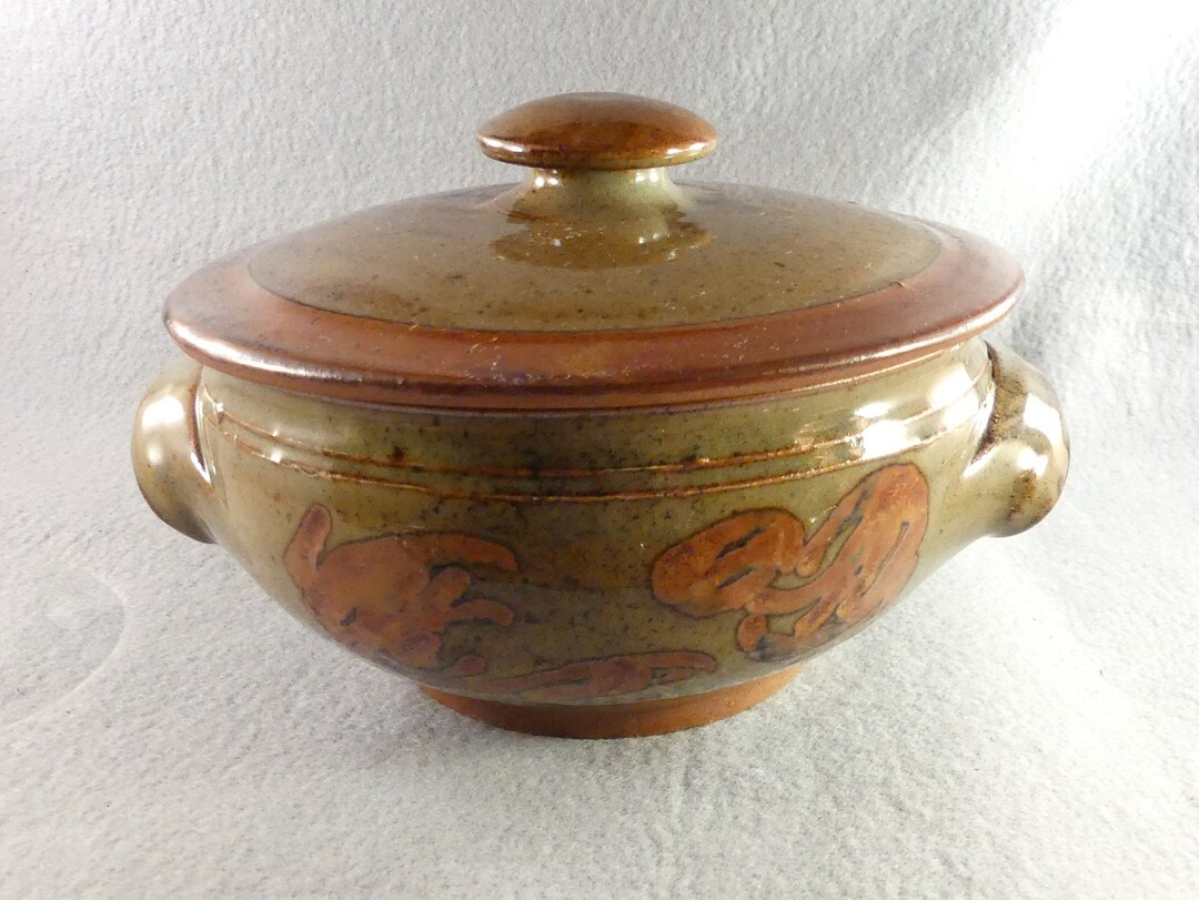 Studio Pottery Pot With Lid Olive Green Brown Speckled Vintage Glazed ...