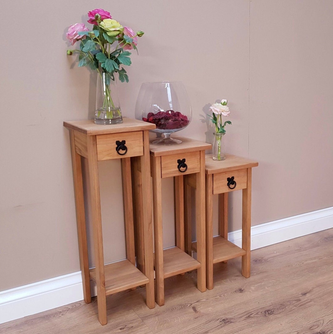 Wooden Side Table Set of 3 Rustic Plant Stand Drawer Corona Mexican End ...