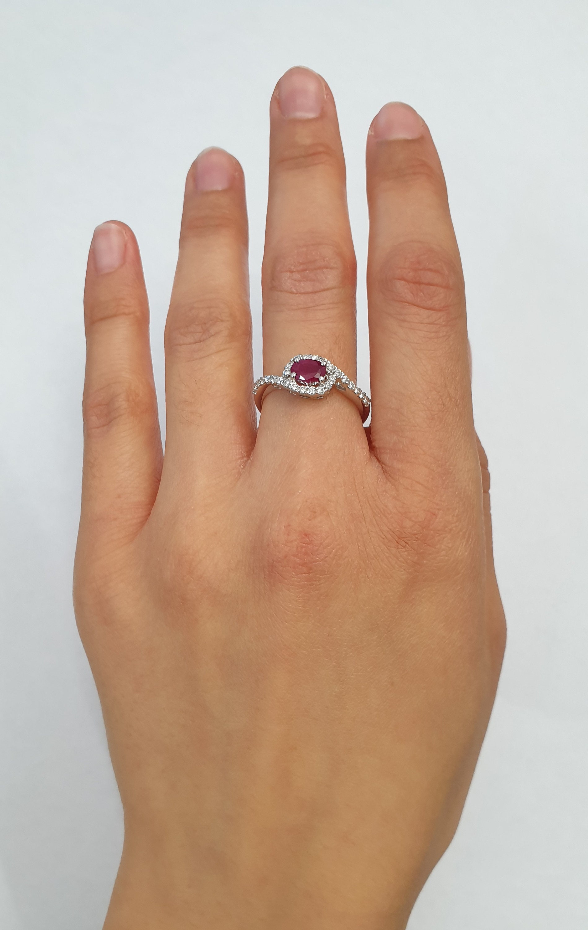 18ct White Gold Oval Burmese Ruby & Diamond Halo Twist Ring, Size O 1/2 ...