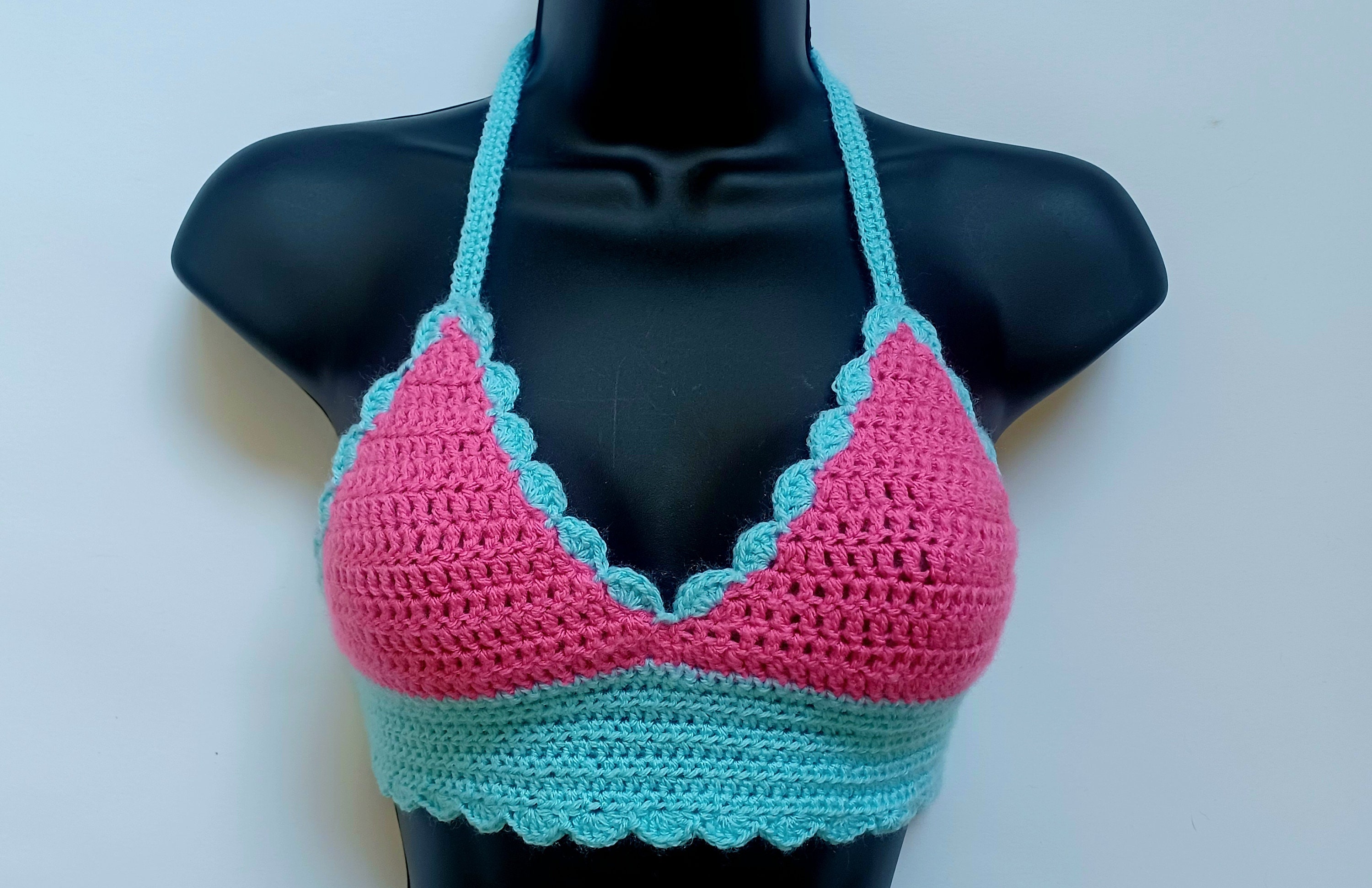 Handmade Crochet Bralette Pink Aqua Scalloped Edge Festival Crop Top ...