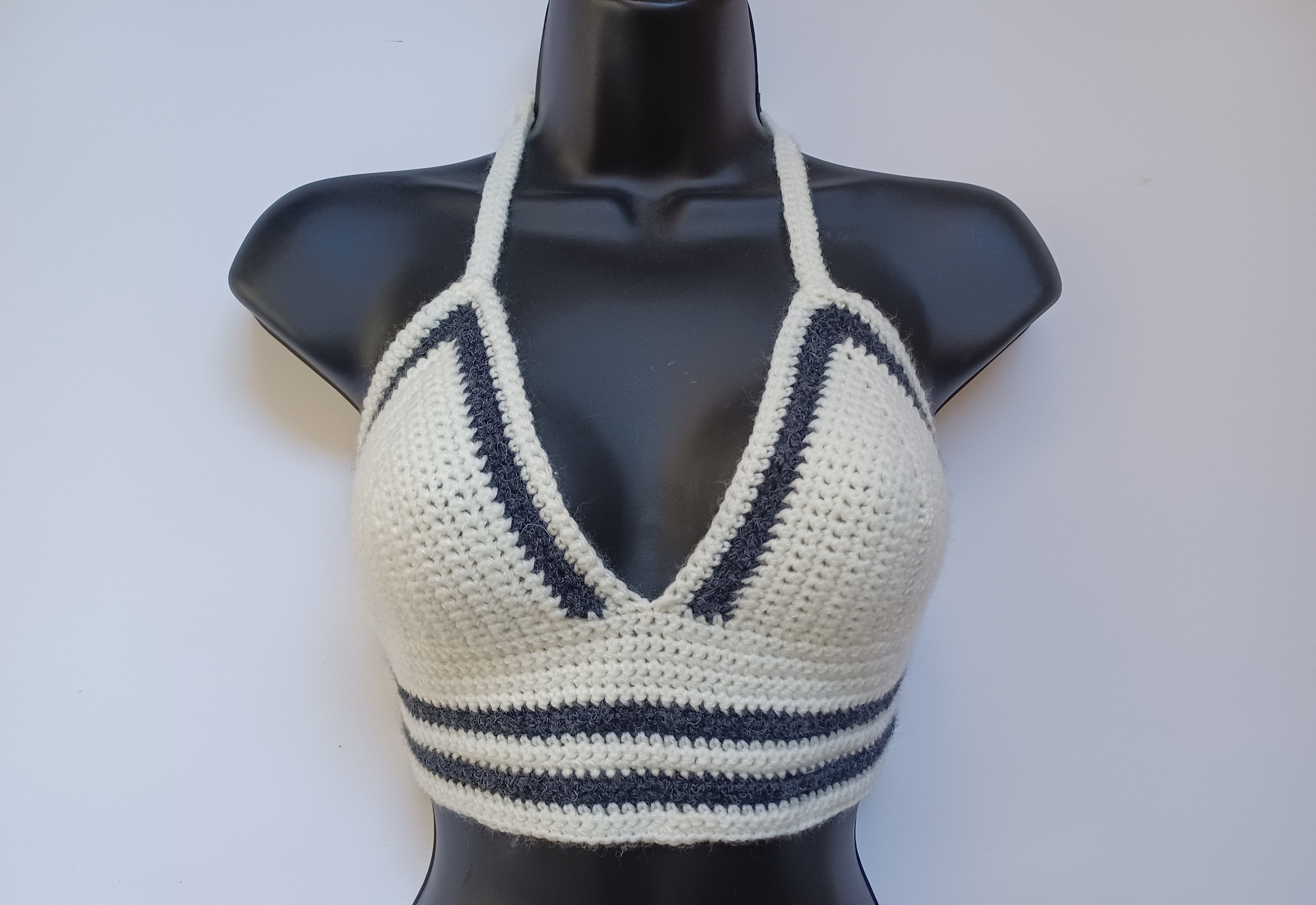 Handmade Crochet Halterneck Bralette Cream and Charcoal Crop Top ...