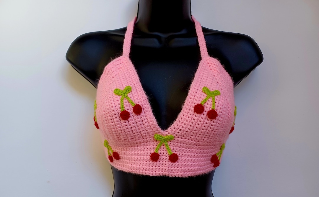 Handmade Candy Pink Halter Neck Bralette Bra Crop Top With Crocheted ...
