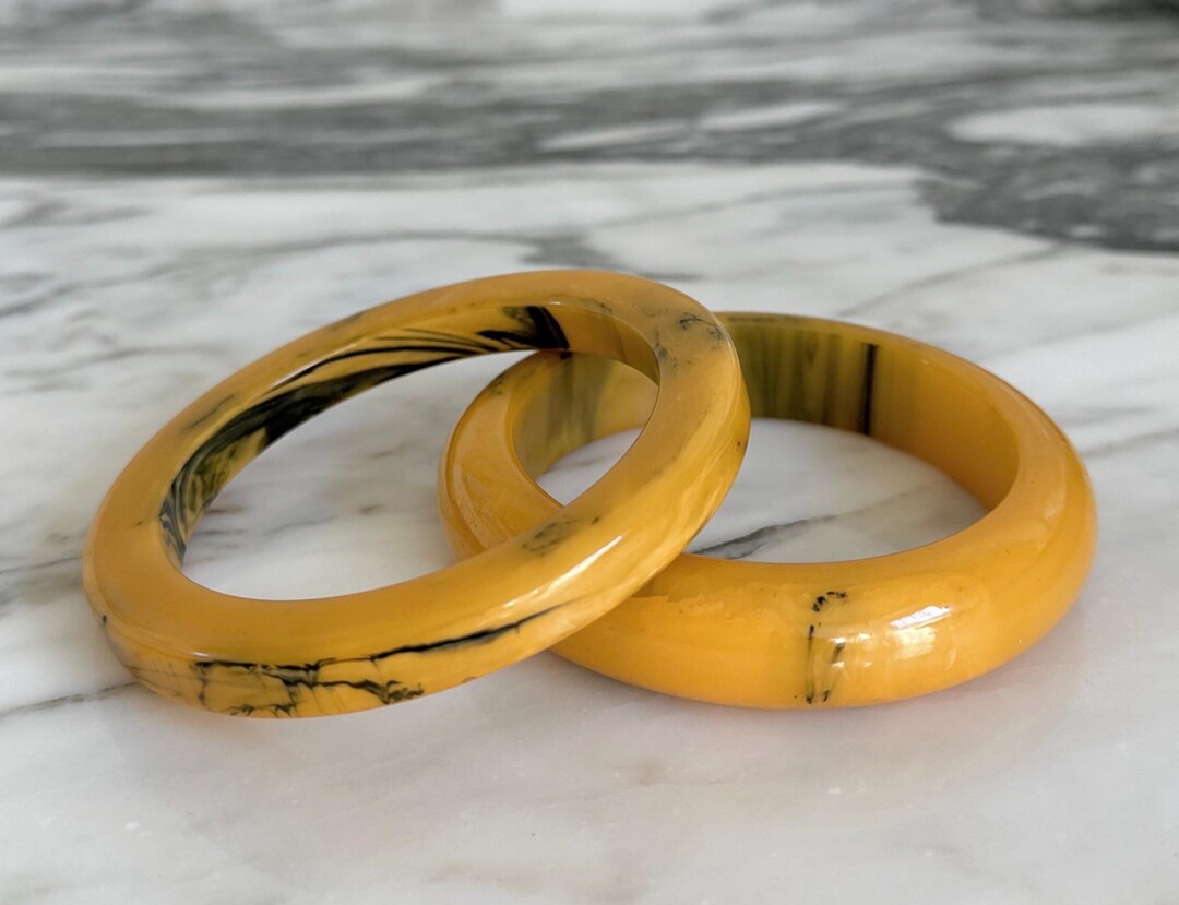 BAKELITE Egg Yolk Stacking Bracelet Pair Yellow & Black Inkspot 3/8 5/8 ...