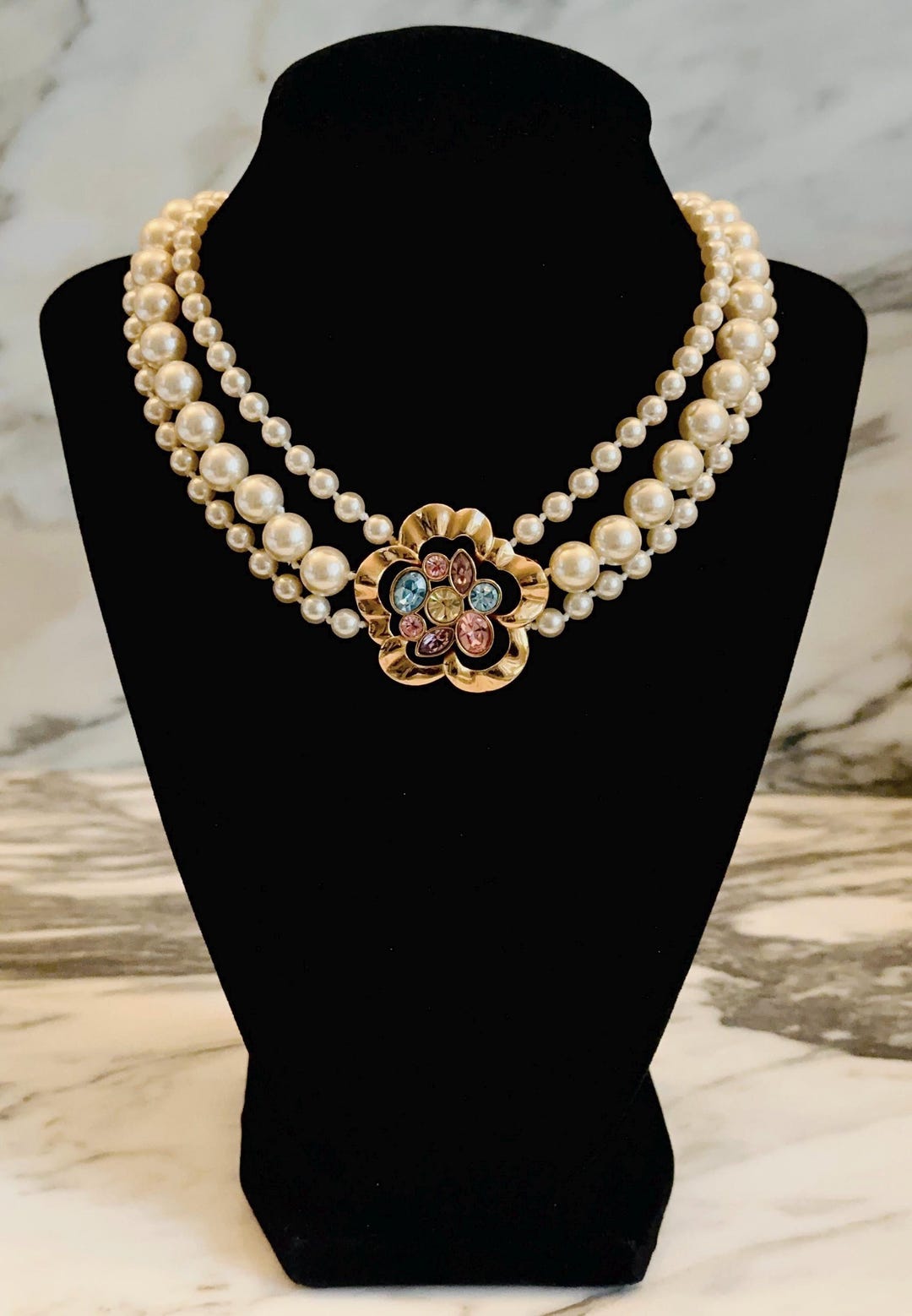 Vintage Swarovski SAL Pearl Necklace: Mod Multicolored Crystal ...