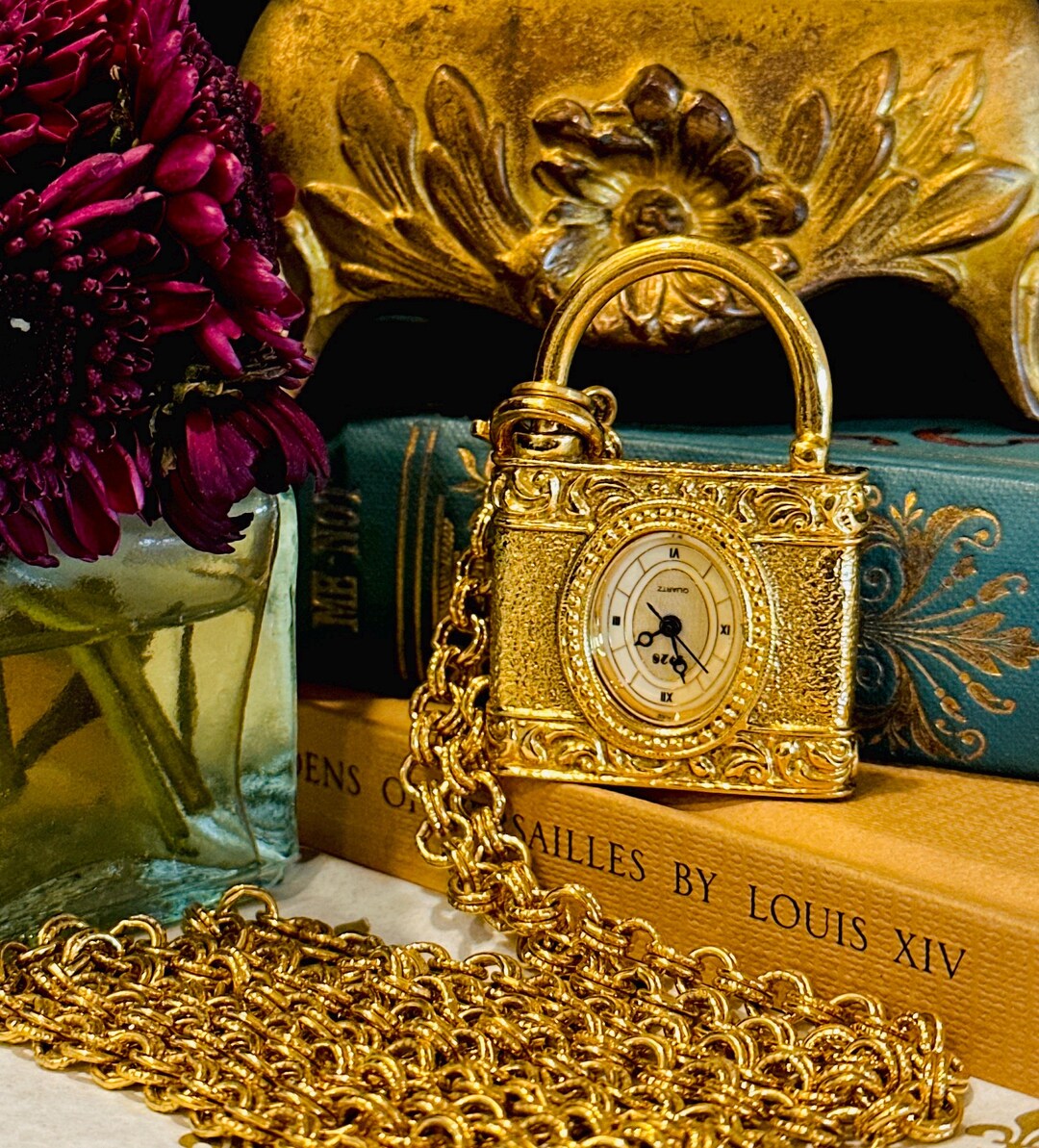 1928 Watch Necklace Gold Tone Lock Vintage Jewelry Victorian Revival ...