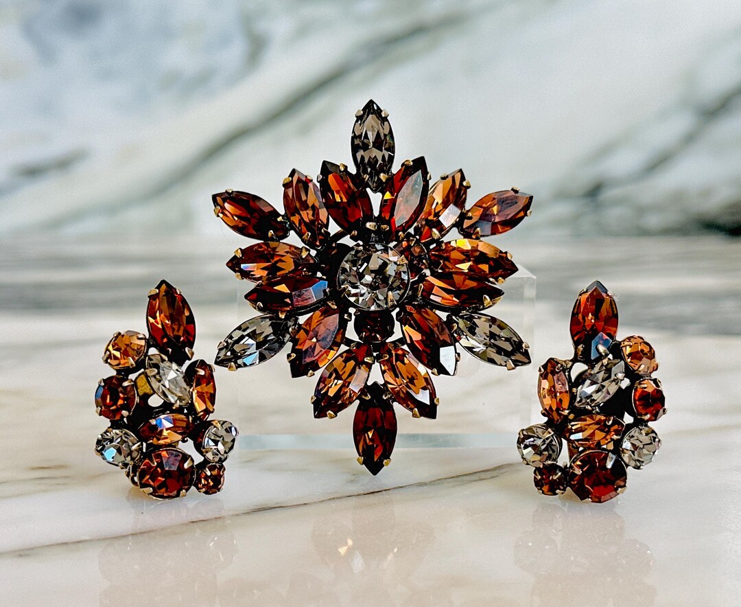 REGENCY Jewelry Set | Brown & Smokey Gray Starburst Flower Rhinestone ...