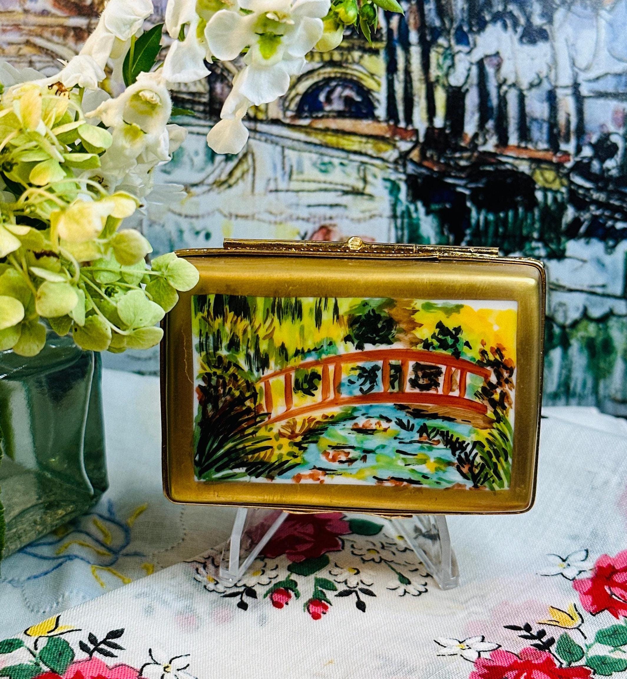 ATELIER De LIMOGES Monet japanese Bridge Painting Trinket Box Vtg ...