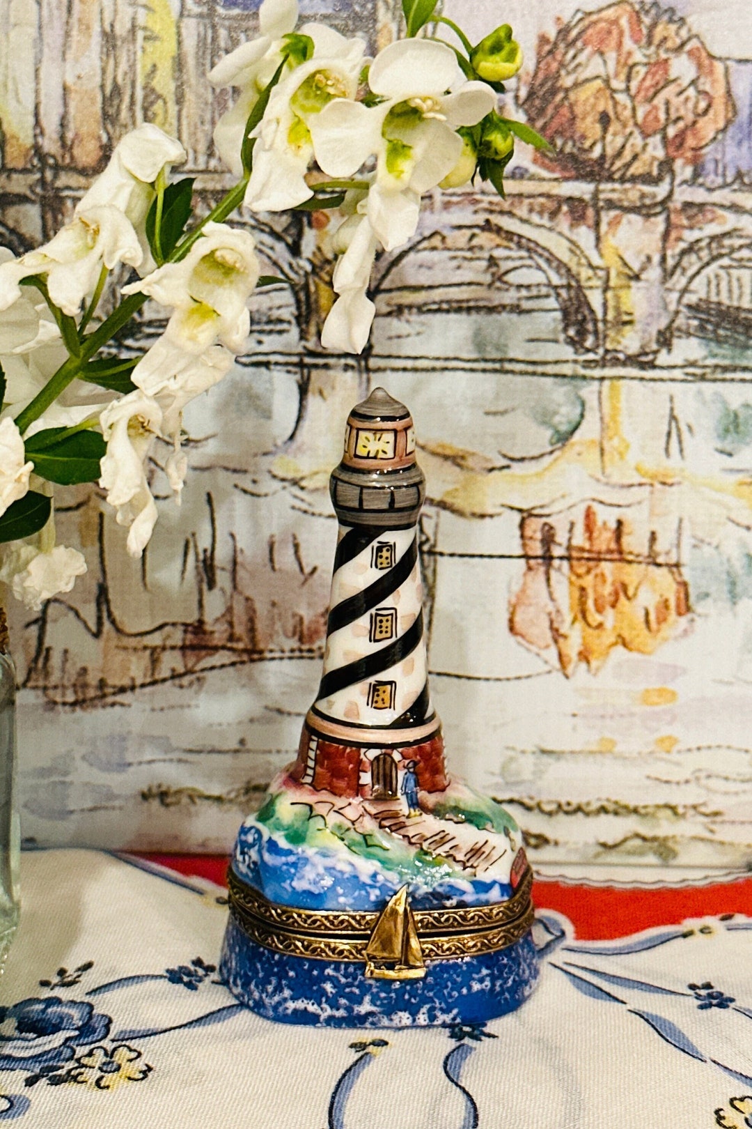 LIMOGES IMPORTS French Limoges Lighthouse Trinket Box Vtg Porcelain ...
