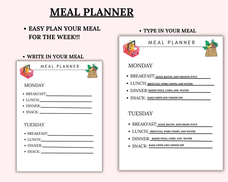 Weekly Meal Planner Bundle PDF, Breakfast, Lunch, Dinner & Snacks ...