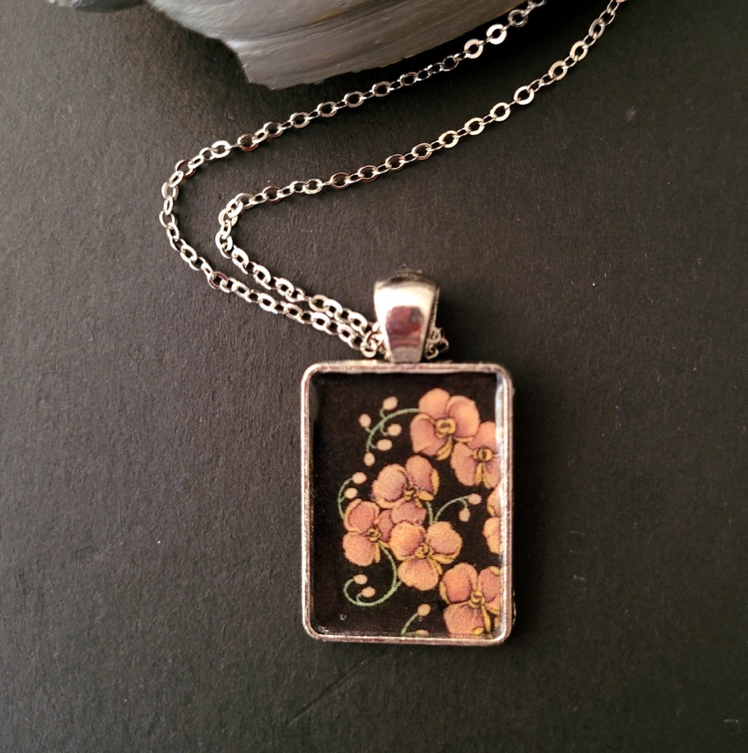 Rectangular Orchids Pendant With Chain - Etsy