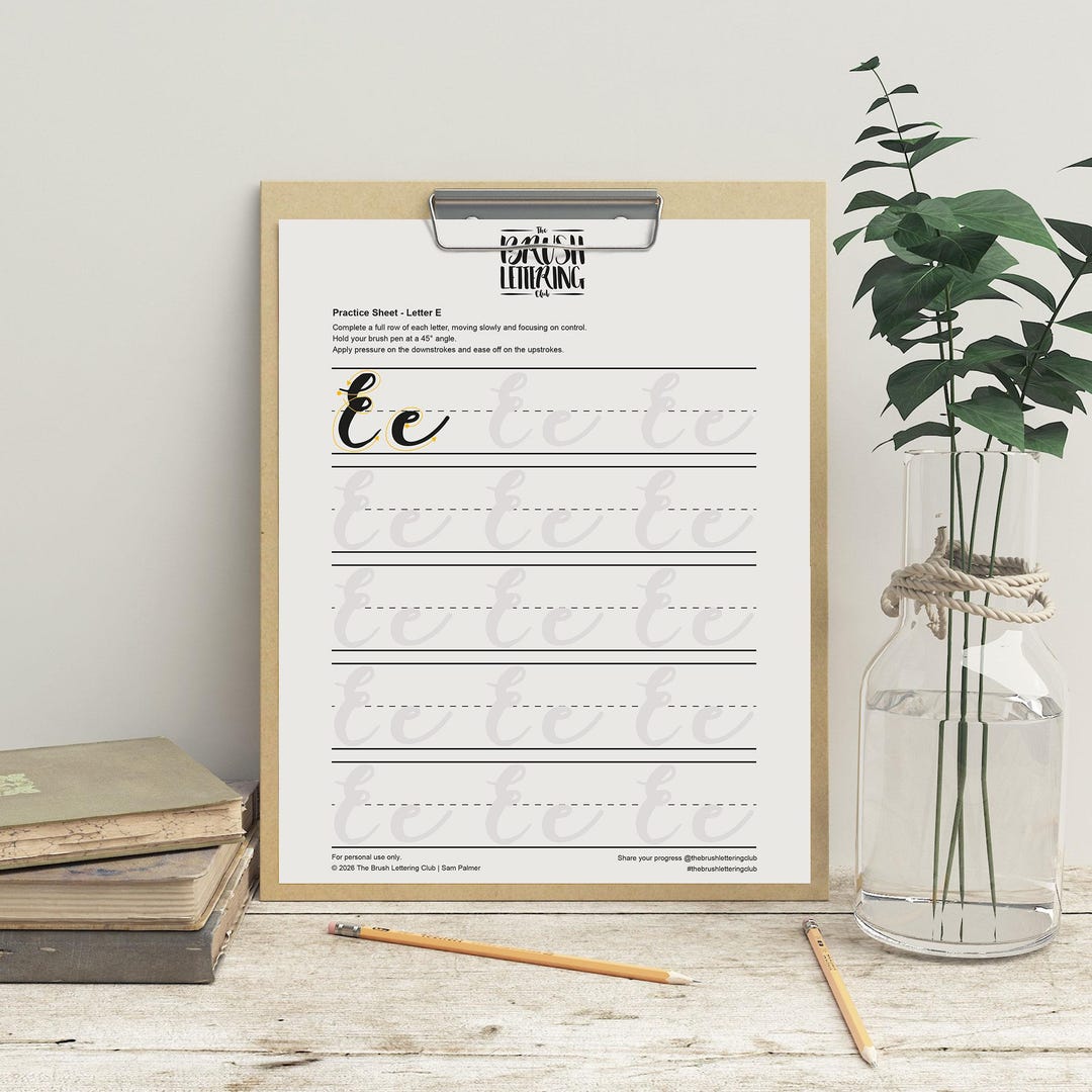 Brush Lettering Practice Sheet – Letter E | Calligraphy Alphabet ...