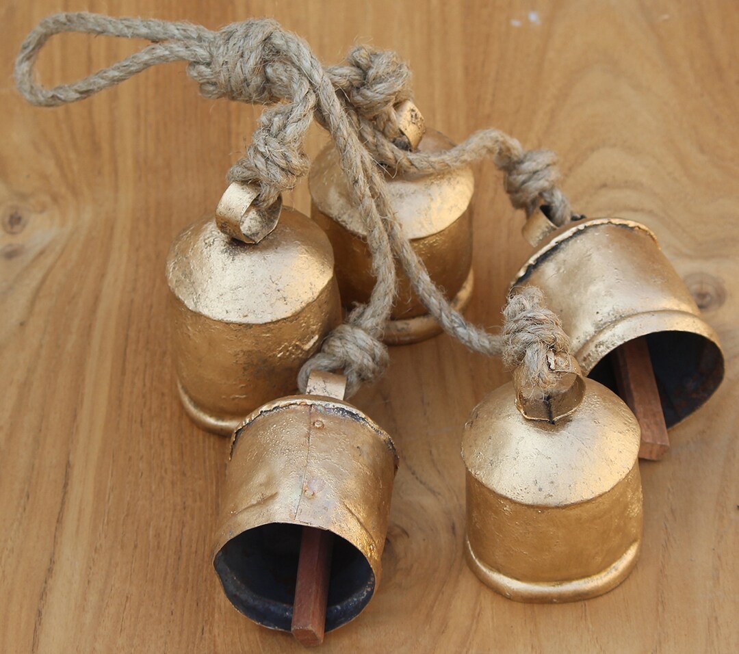 Brass Shabby Chic Vintage Cluster of 5 Harmony Cow Bell on Rope Wall ...