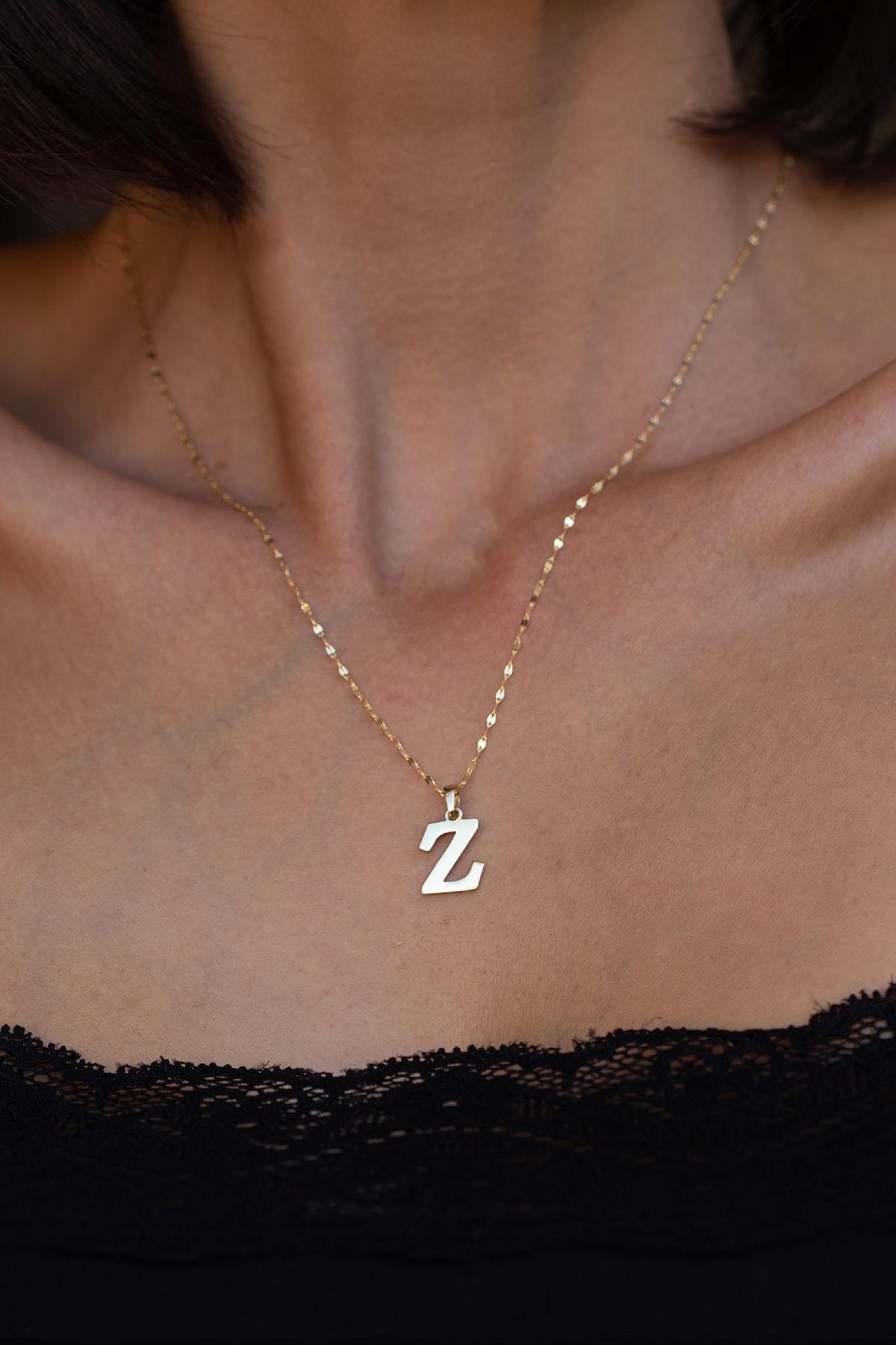 Letter Z Necklace Pendant 14k Solid Yellow Gold | Etsy