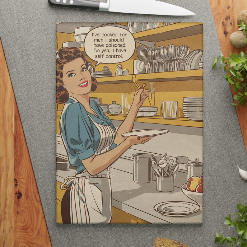 Self Control Glass Cutting Board, Funny Kitchen Decor, Retro Cooking ...