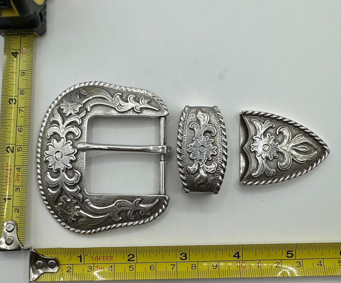 Classic Western 3 Piece Belt Buckle Set, Floral and Vine Design, Cowboy ...