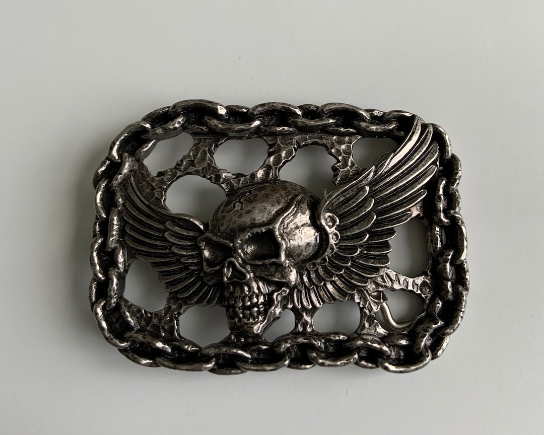 Skull and Wings Chain Belt Buckle. Antique Nickel - Etsy