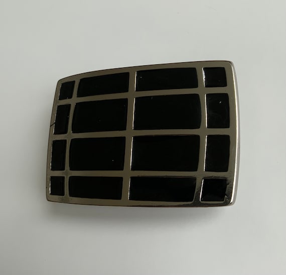 Italian Grid Black Rounded Rectangle Belt Buckle Vint… - Gem