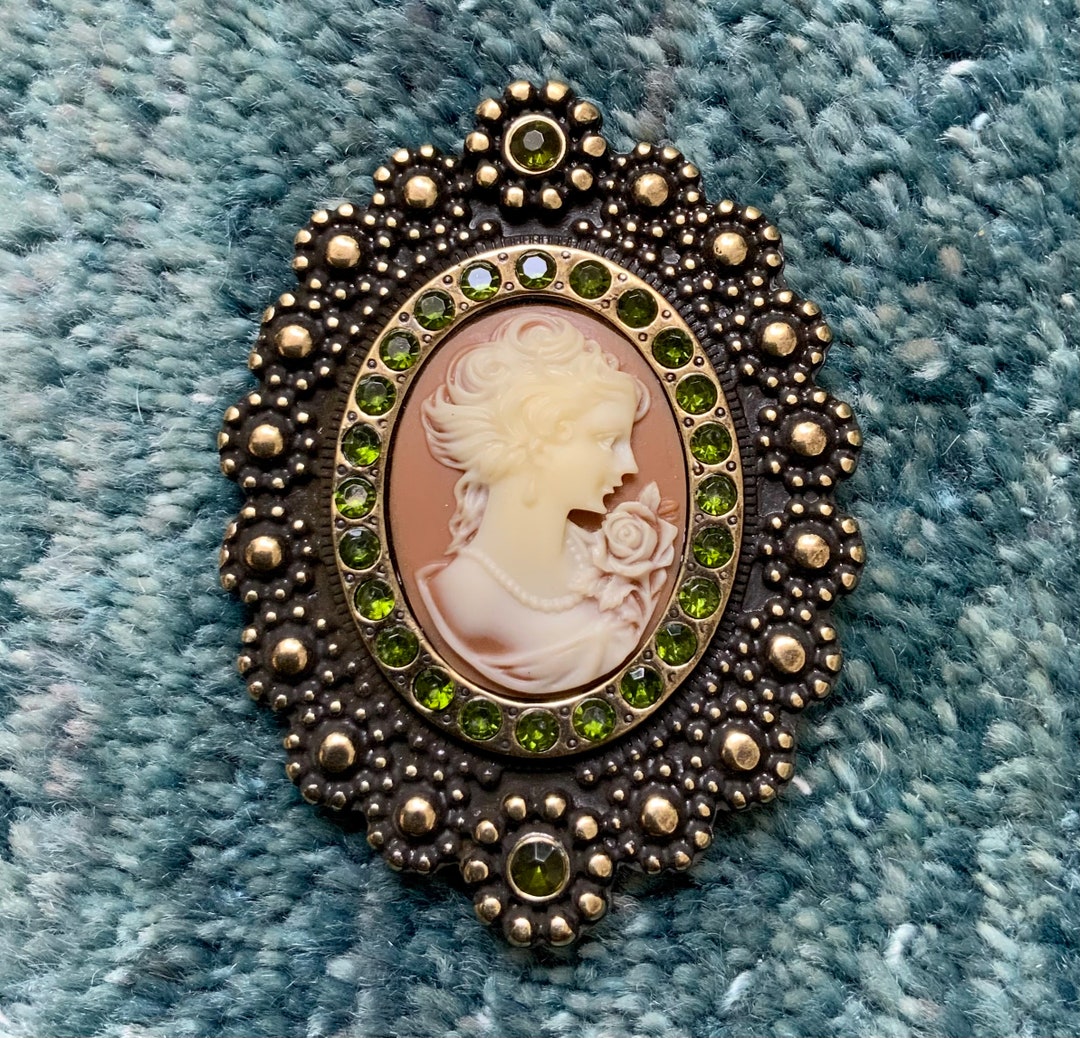 Vintage Cameo Womens Portrait Green Rhinestones Flowers Old Antique ...